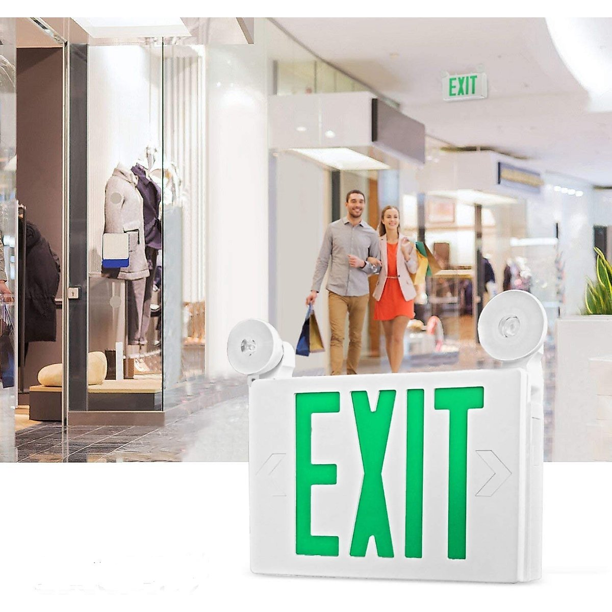 EXITLUX 1 Pack Green Led Exit Sign with Emergency Lighting Battery Backp -Two LED Adjustable Head -120V/277V-UL Listed-Exit Lighting -Dual LED Lamp ABS Fire Resistance for Power Failure.