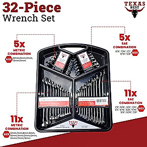 Texas Best Chrome Vanadium Steel Combination Wrench Set | SAE (Inch) & Metric Sizes | Quick Access Hanging Tray | Carry Case Master Organizer Included (32 Pc)