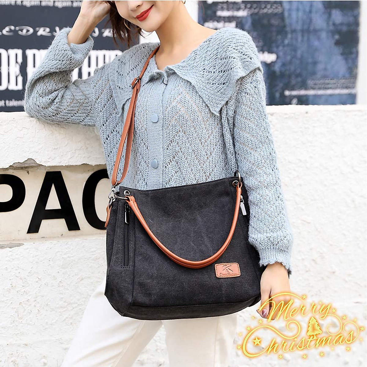 Chikencall Women Vintage Hobo Bag Causal Canvas Shoulder Bags Multi-pocket Daily Purses Shopper Satchels Christmas Tote