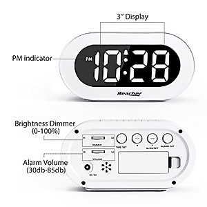 REACHER Small LED Digital Alarm Clock with Snooze, Simple to Operate, Full Range Brightness Dimmer, Adjustable Alarm Volume, Outlet Powered Compact Clock for Bedrooms, Bedside, Desk, Shelf(White)