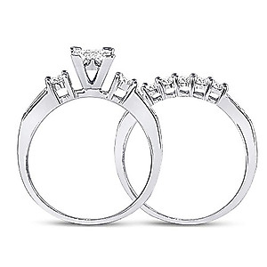 Size 10 - 10K White Gold Princess Cut, Round & Baguette Diamond Bridal Engagement Ring & Matching Wedding Band Two Piece Set - Invisible Set Square Princess Center Setting Shape with Channel Set Side Stones (.90 cttw.)