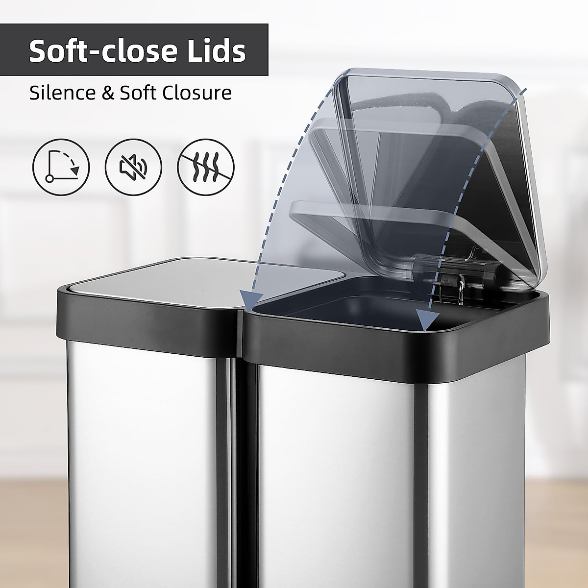 16 Gallon Dual Trash and Recycling Bin, 60L(2x30L) Fingerprint Proof Stainless Steel Kitchen Garbage Can with Double Lid, Hands-Free Step Rubbish Bin without Inner Bucket for Kitchen Home Office
