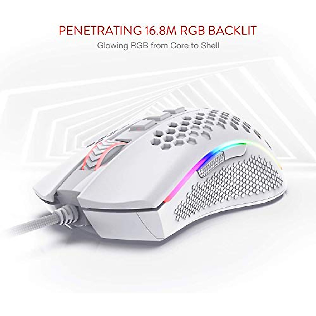 Redragon M808 Storm Lightweight RGB Gaming Mouse, 85g Ultralight Shell - 12,400 DPI Optical Sensor - 7 Programmable Buttons - Precise Registration - Super-Lite Cable - White