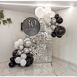 Black and Silver Balloons, 60pcs 12 Inches Black White Silver Confetti Balloons with 1 Ribbon for Birthday, Baby Shower, Wedding, and Silver Theme Party Decoration