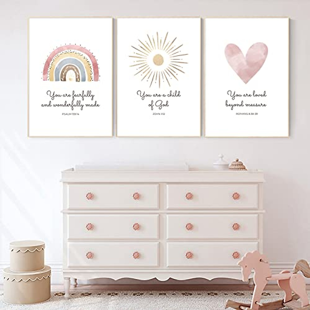 Boho Nursery Wall Art 3 Pieces Bible Verse Nursery Art Christian Girls Nursery Wall Art Heart Rainbow Sun Nursery Art Print Boho Sunshine Nursery Decor for Girl Baby Kid Room Decor 12x16 Inch Unframed