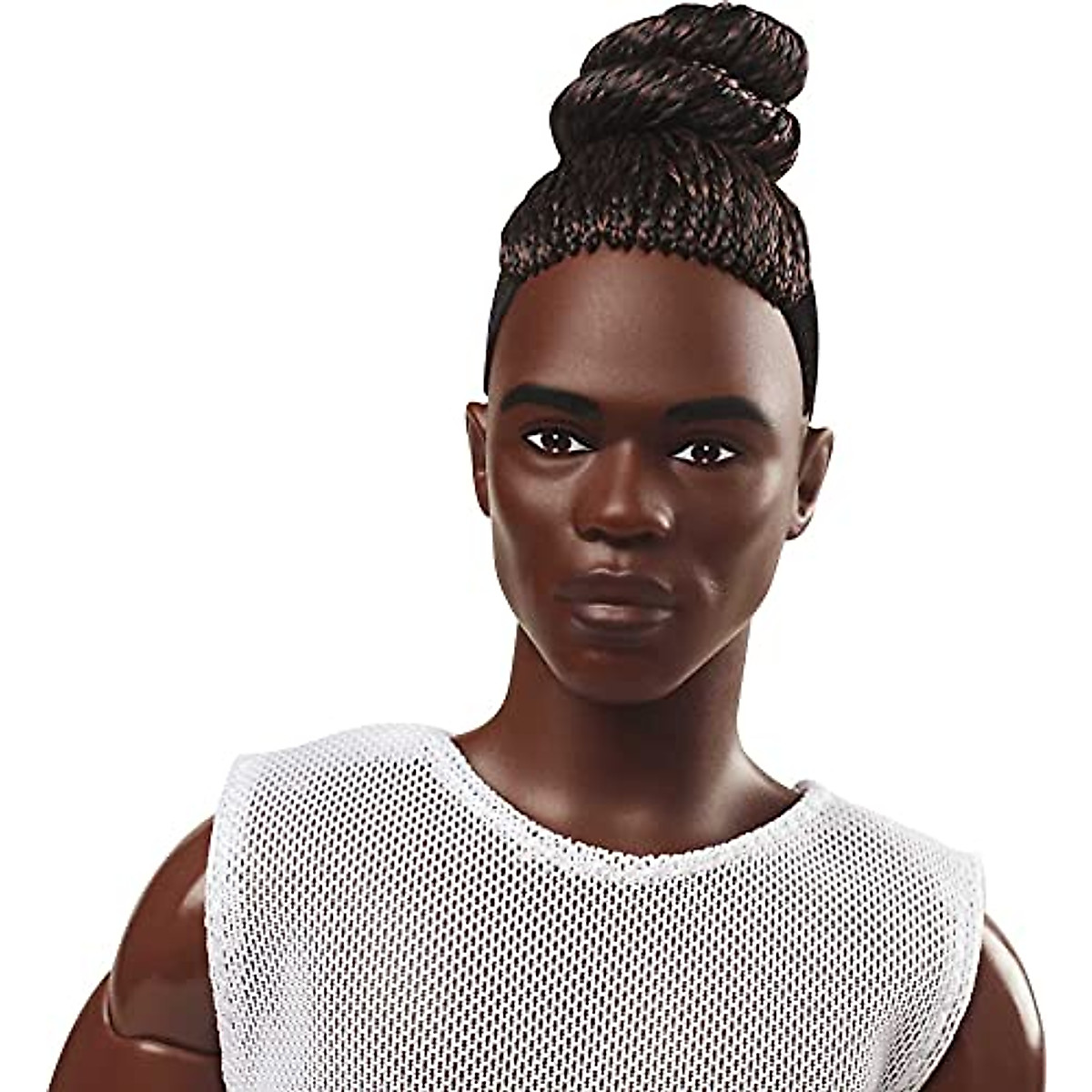 Barbie Signature Looks Ken Doll (Brunette with Braids & Bun Hairstyle) Fully Posable Fashion Doll Wearing White Shirt & Pants, Gift for Collectors