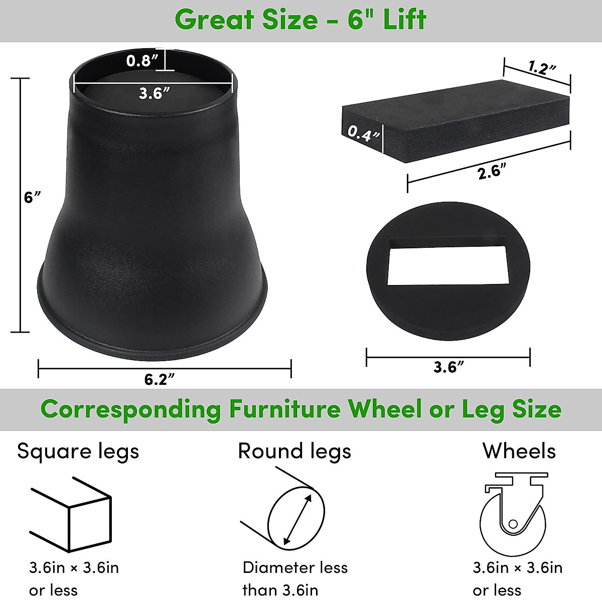 DEDU Bed Risers 6 Inch Heavy Duty 6 Pack, Furniture Risers with Caster Pads Supports Up to 6600 Lbs, Round Couch Risers for Sofas, Desk (Black)