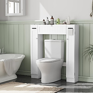 Over The Toilet Storage Cabinet, Bathroom Space Saver with Paper Holder and Adjustable Shelves, Freestanding Toilet Cabinet Organizer with 2 Side Doors and Pull-Down Door, White