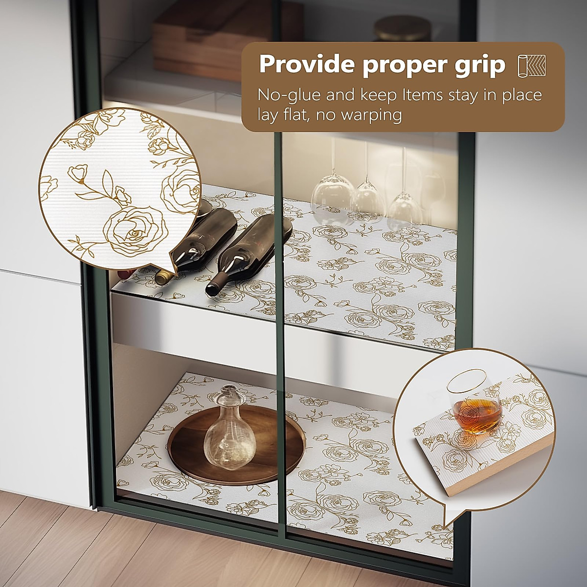 Shelf Cabinet Liner for Kitchen- Non Adhesive Drawer Liner Refrigerator Liner, Premium Waterproof Shelf Paper Protect Surface, Non Slip Easy to Clean Durable EVA Material, Gold Roses, 11.8 in x 10FT