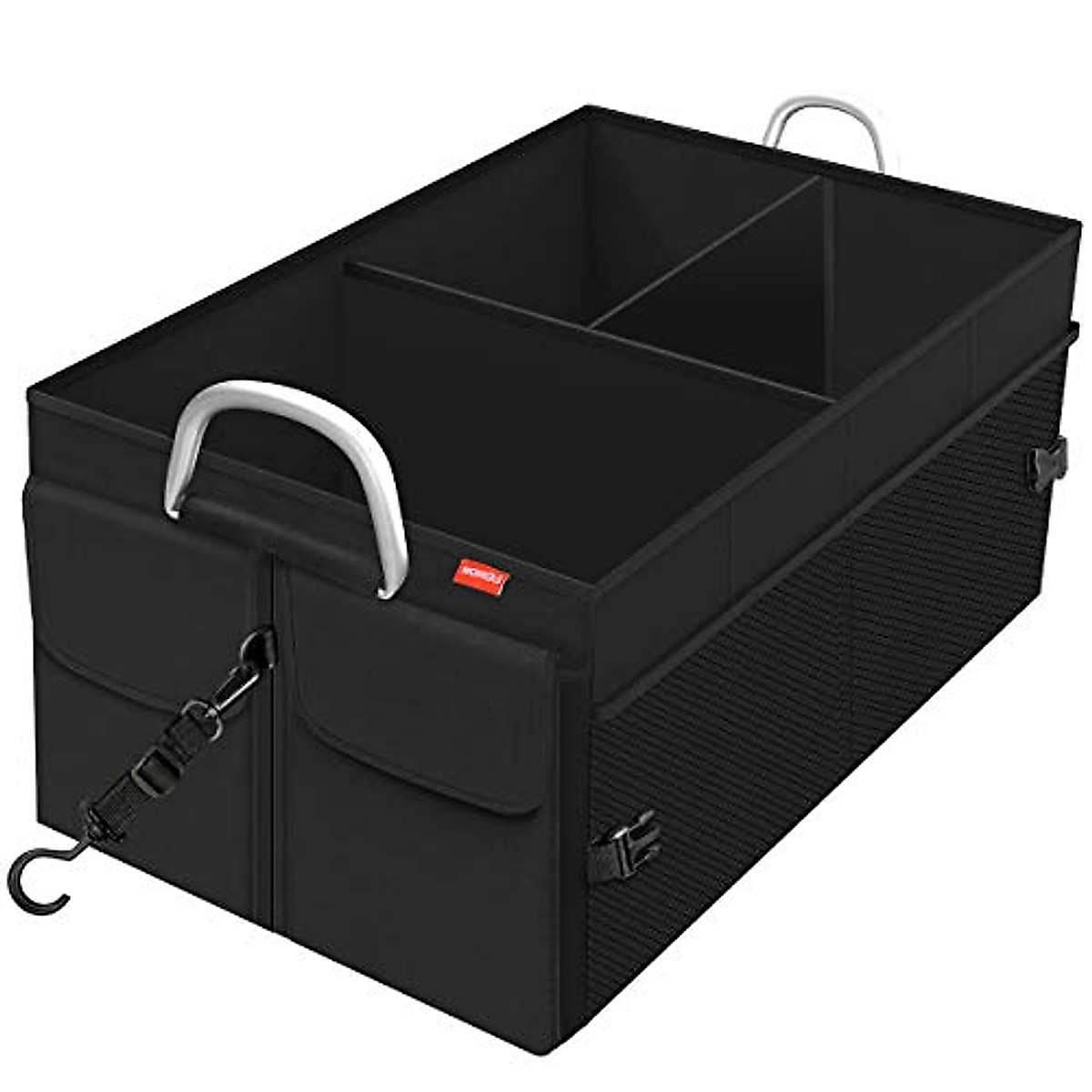 MORROLS Car Trunk Organizer - Trunk Storage Organizer Collapsible 3-Compartments with Aluminium Alloy Handle and Adjustable Securing Straps (Black)
