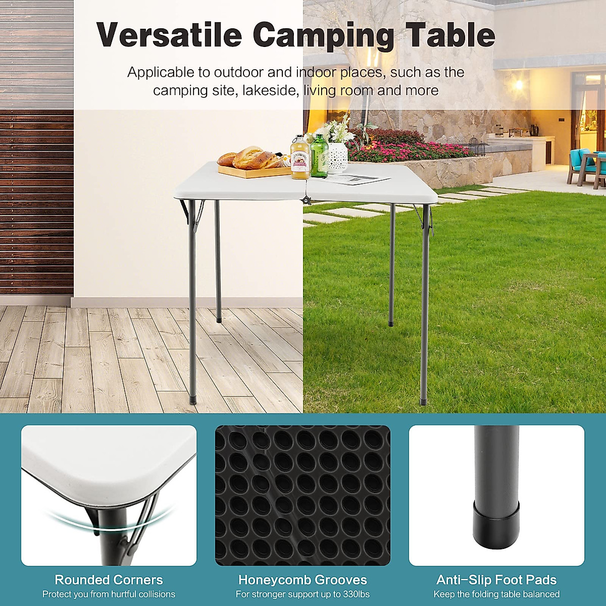 Giantex Portable Folding Table, Foldable Picnic Table with All-Weather HDPE Tabletop, Metal Frame & Carry Straps, Heavy Duty Outdoor Camping Table, Lightweight Card Table for Beach, BBQ, Party (White)