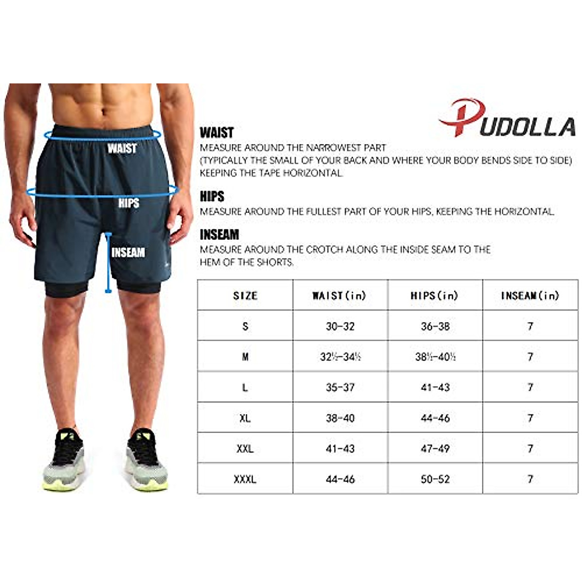 Pudolla Men’s 2 in 1 Running Shorts 7" Quick Dry Gym Athletic Workout Shorts for Men with Phone Pockets(Navy Blue Large)