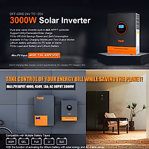 3000W Solar Inverter 24V to 120V, Max.PV Input 4KW,450V VOC,Pure Sine Wave Power Inverter Built-in 80A MPPT Controller and 40A AC Charger for Home, RV, Off-Grid Solar System