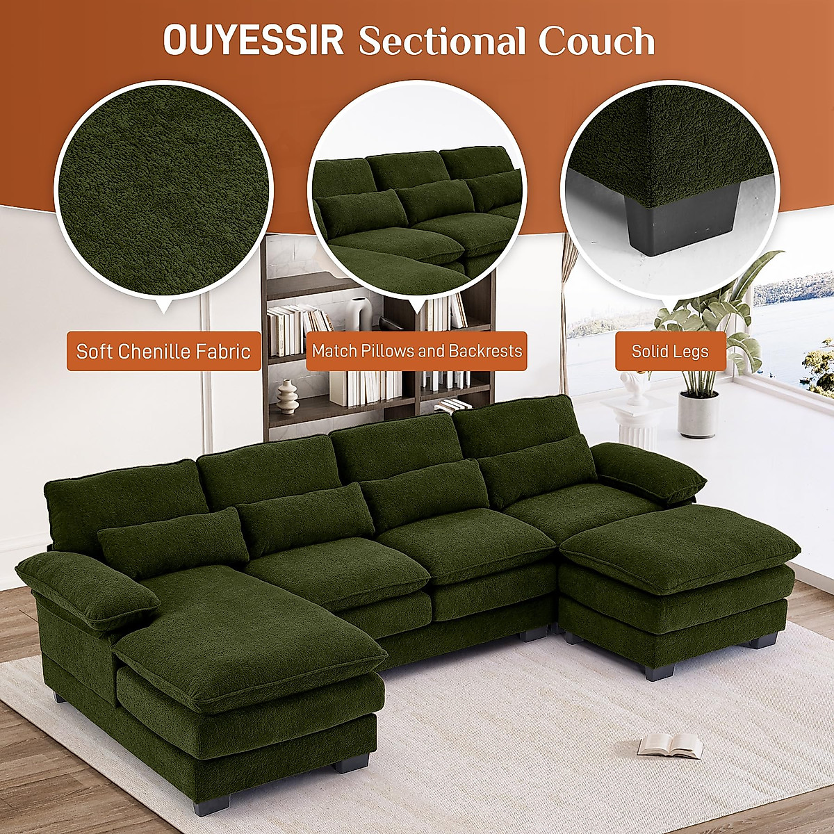 OUYESSIR U Shape Sectional Sofa Cloud Couch for Living Room, Modern Chenille Comfy Modular Sofa, 4 Seat Upholstery L-Shaped Sleeper Sofa with Chaise Lounge & Ottoman, 114" (Emerald Green