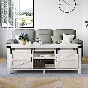 St.Mandyu Farmhouse Coffee Table with Hidden Compartment and Storage Cabinets Shelves, Wood Rectangular Tables with Sliding Barn Doors for Living Room Reception, Wash White