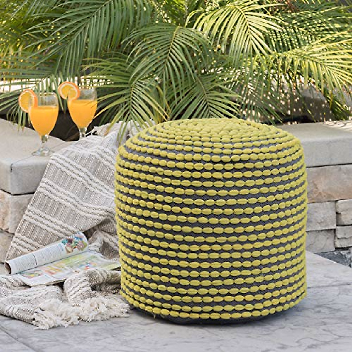 Great Deal Furniture Collier Outdoor Handcrafted Modern Water-Resistant Fabric Cylinder Pouf Ottoman, Green