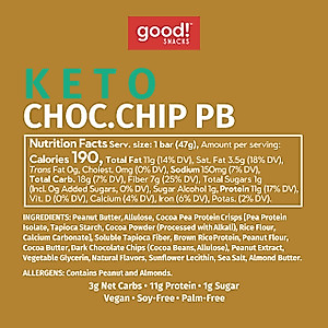good! Snacks Keto Vegan Protein Bars, Chocolate Chip Peanut Butter, Gluten Free Keto Snack Bar, Low Carb, Low Sugar Meal Replacement, High Protein Healthy Snacks, 11g Protein, 3g Net Carbs, 12 Bars