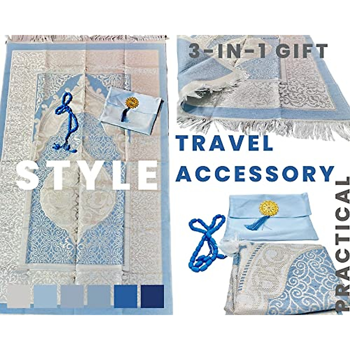 Islamic Prayer Mat, Turkish Prayer Rug with Pouch and Ornament Sealing, Portable Prayer Mat with Handy Pouch, Islamic Carpet Pad Ideal for Travelling (44"x26” with Free Tasbeeh) (Blue)