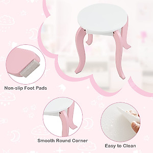 INFANS Kids Vanity with 360° Rotating Mirror and Drawing Board, 2 in 1 Princess Makeup Dressing Table and Stool with Accessories, Drawers, Wooden Play Vanity Set for Little Girls