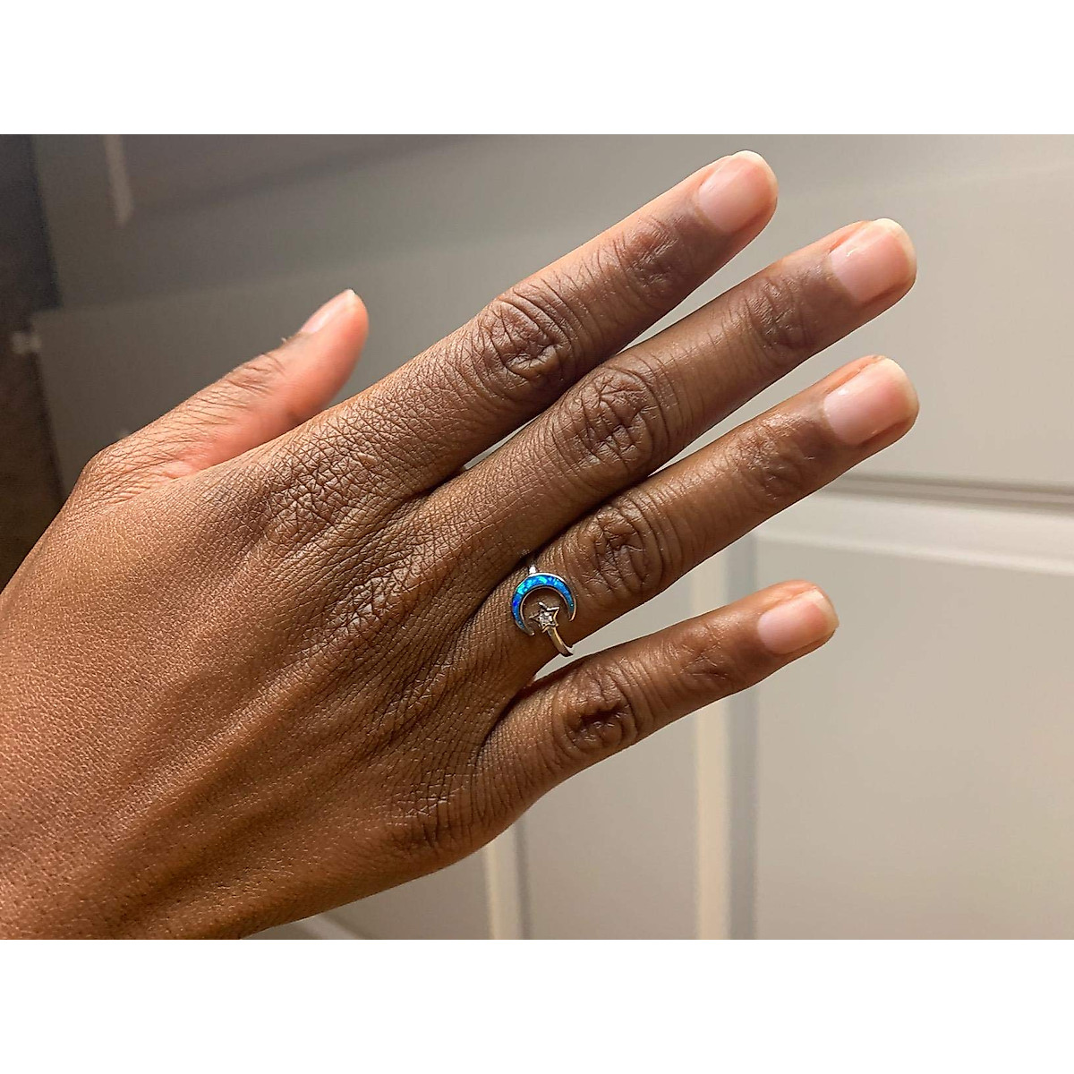 Angol Opal Moon Star Ring for Women Sterling Silver Adjustable Crescent Moon Ring 5A+ Cubic Zirconia Statement Hypoallergenic Finger Ring Gift with Box
