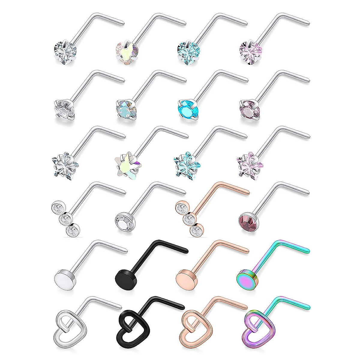 Hoeudjo 20G Nose Rings Surgical Steel Nose Ring Studs Heart CZ Inlaid Piercing Jewelry for Women Men Girls