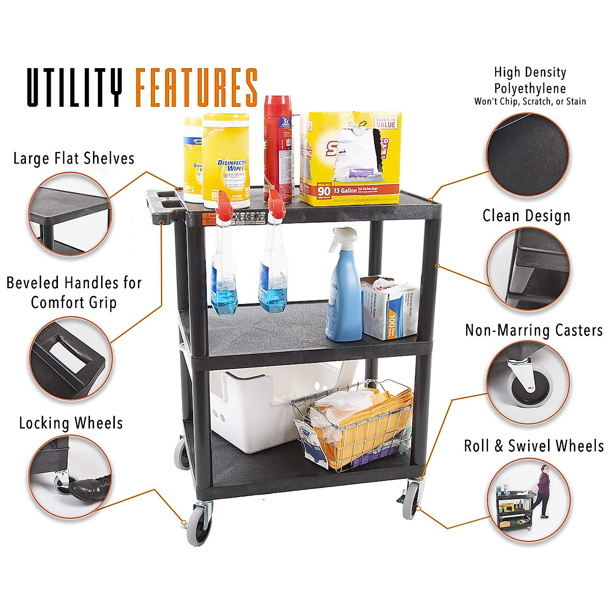 Stand Steady Tubstr 3 Flat Shelf Printer Cart, Compact and Heavy-Duty Utility Storage - Supports up to 300 lbs, Great for Home, Office, Warehouse, 28 x 18 in Tool Table, Moves Cargo Easily (Black)