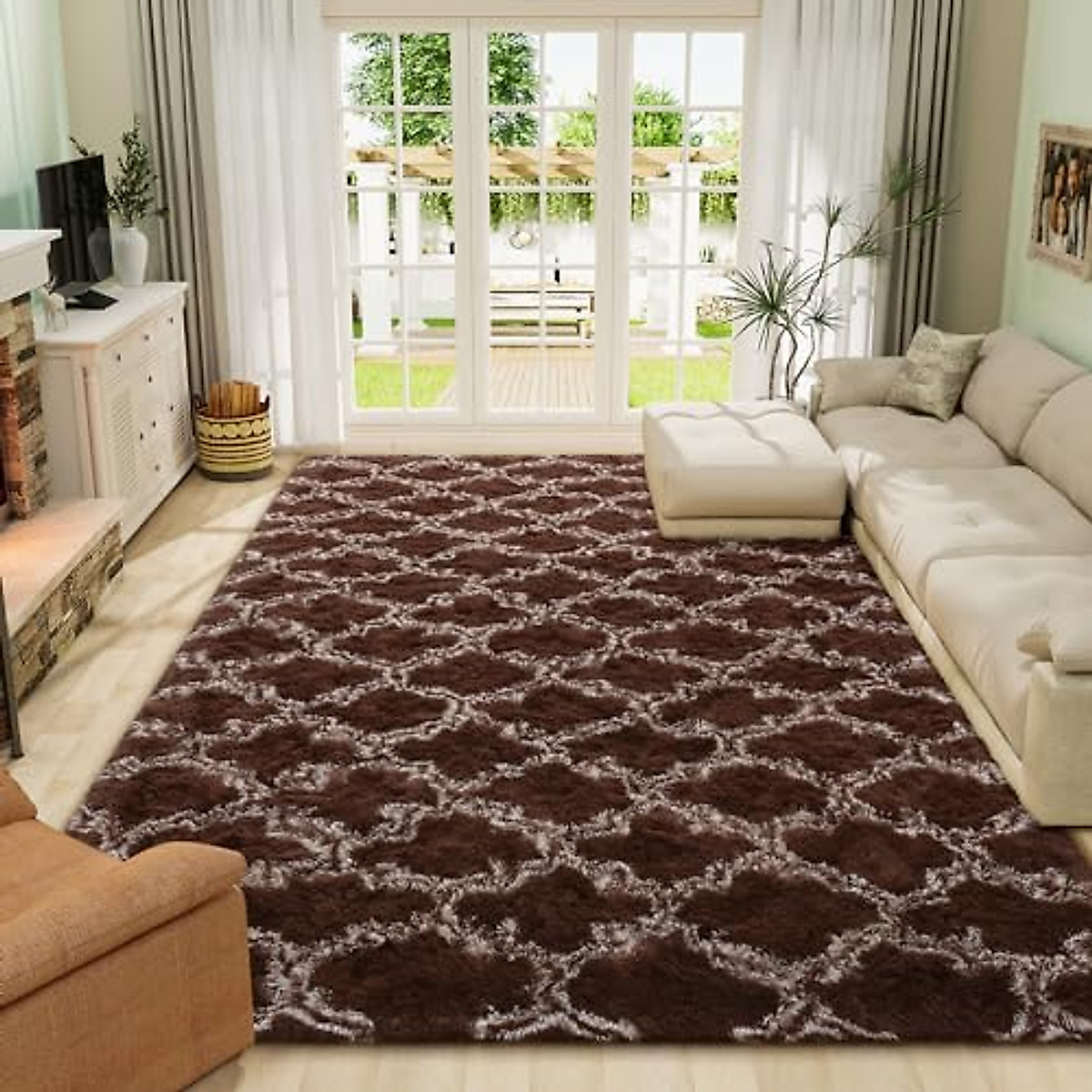 HOMORE Living Room Rug, 6x9 Brown Area Rug for Farmhouse Living Room Bedroom Rug, Soft Shaggy Furry Faux Fur Rugs for Kids Room, Geometric Rugs for Aesthetic Rug for Indoor Floor, Brown/Beige