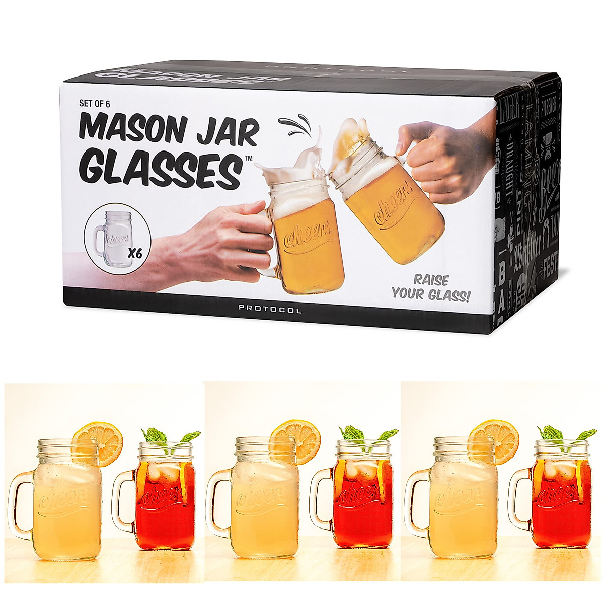 Protocol Mason Jar Glasses with Handles | Set of 6 | 16 Oz | Includes Lids I Dishwasher Safe Drinking Glasses | Perfect for wedding showers, backyard BBQs | Great stocking stuffer, party favor