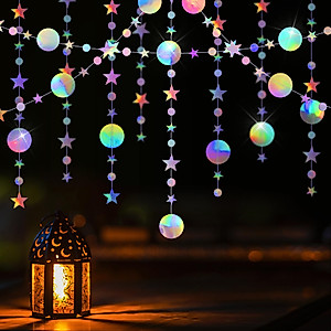 UNICORN ELEMENT Iridescent Birthday Decorations with Happy Birthday Banners, Iridescent Aluminum Foil Balloons, Hexagonal Star Round Ornaments, Sparkly Circle Garlands Hanging and Party Tablecloth for Birthday Party Supplies