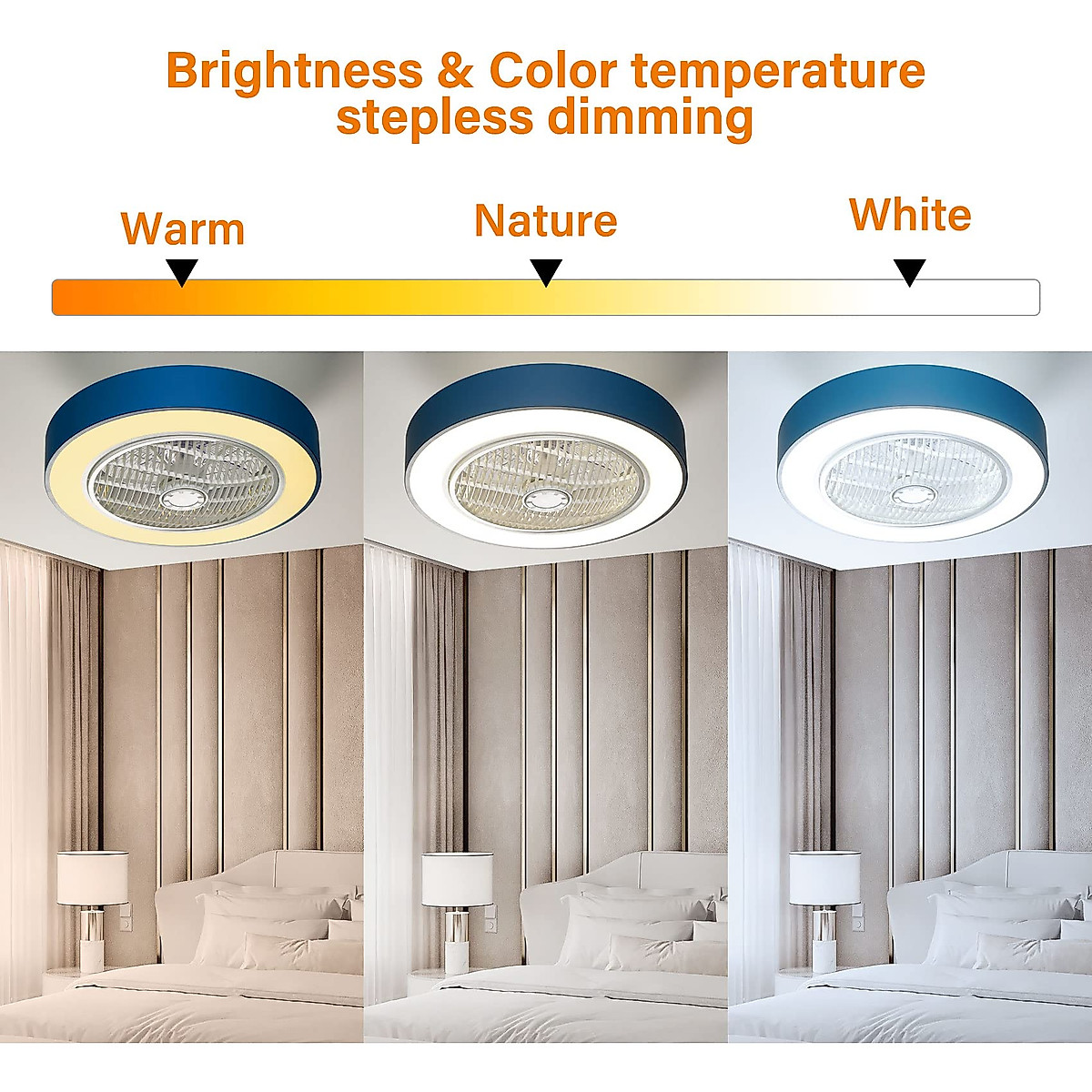 TC-Home Ceiling Fan with LED Light Invisible Blades 22 inches Morden Blue Lighting Color Changing Close to Ceiling Chandelier Fan