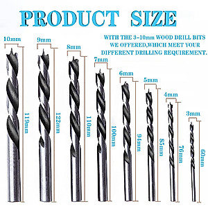 8PCS Brad Point Drill Bits, 3-10mm Spiral Twist Wood Drill Bits Set for Woodworking, Softwood and Laminated Wood MDF