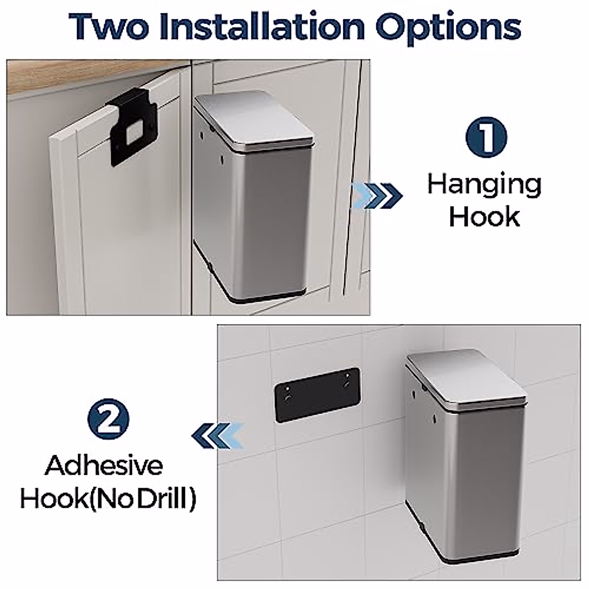 LINSSEN Stainless Steel Hanging Trash Can with Lid and Inner Bucket, 2 Gallon Kitchen Compost Bin for Counter Top, Under Sink or Wall Mount, Small Garbage Can for Cupboard/Bathroom/Bedroom/RV