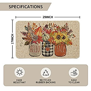 Artoid Mode Hello Fall Vases Decorative Doormat, Thanksgiving Pumpkin Sunflower Flower Low-Profile Floor Switch Mat for Indoor Outdoor 17x29 Inch