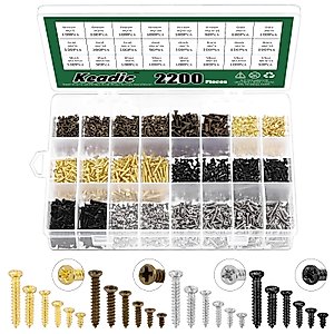 Keadic 2200 Pcs 4 Color Small Self Tapping Screws Assortment Kit, M2*5/6/8/10mm M2.6 * 12/16mm Self-Drilling Flat Cross Head Mini Wood Screw with Plastic Case (Black, Bronze, Silver, Gold)