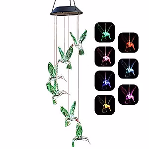 Chasgo Solar Hummingbird Wind Chime Color Changing Solar Mobile Wind Chime Outdoor Mobile Hanging Patio Light