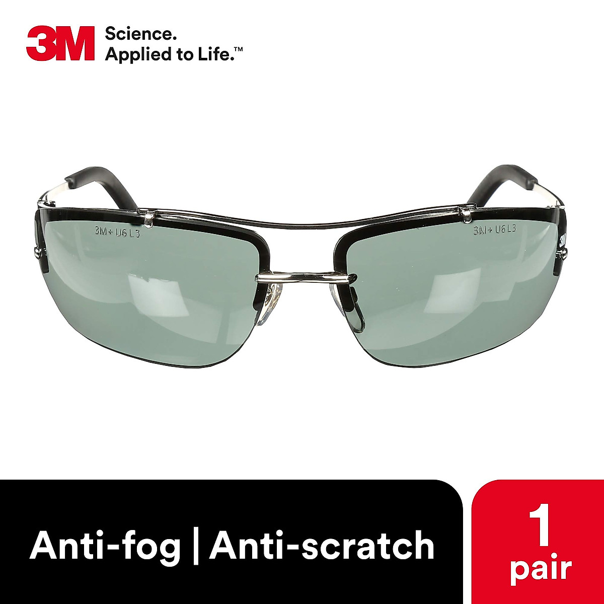 3M Safety Glasses, Metaliks, ANSI Z87, Anti-Fog, Gray Lens, Polished Metal Frame, Adjustable Bridge