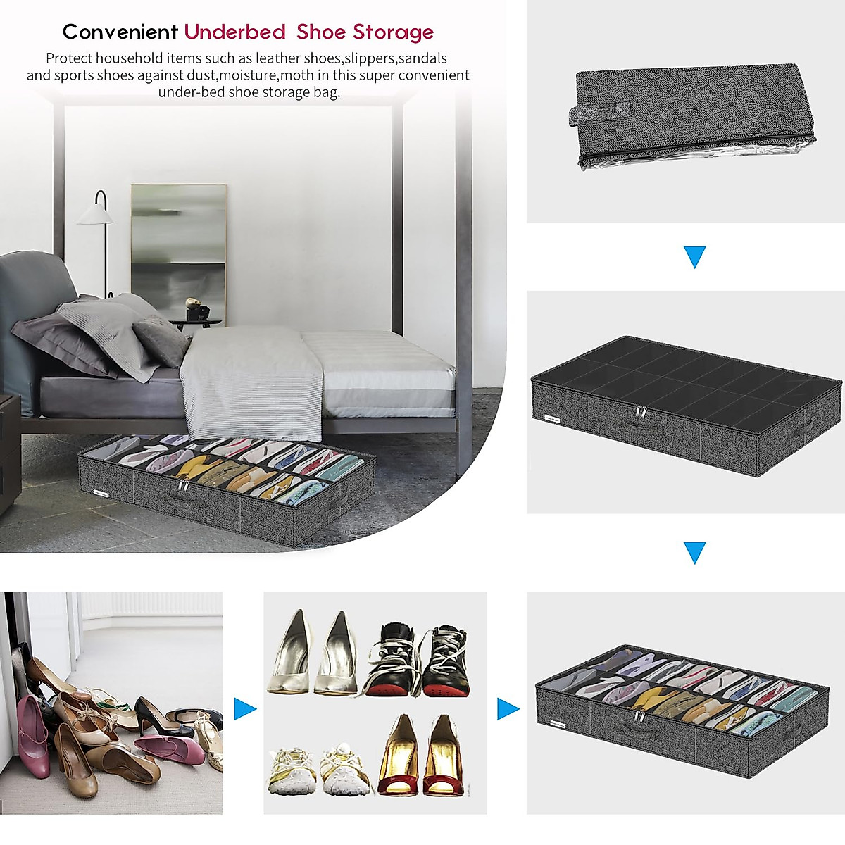 Friday Monkey Large Sturdy Thicken Shoe Storage Box, Clear Shoe Organizer for Closet Underbed, Folding Shoe Rack Sneaker Bin Holder Container Display Case, 16x2 Pairs, Linen-like Black, ZMXAUBS16P2