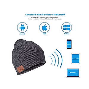 beanie MUSICBEE Bluetooth V5.2 Wireless Knit Winter Cap, 24 Hour Play time, Built-in Microphone and HD Stereo Speakers, Wool Lined for Outdoor Homes and Gifts - Neutral (Charcoal)