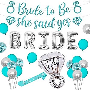 Teal Bachelorette Party Decorations Kit, Bridal Shower Decorations Teal for Girls with Bride Letter Balloons, She Said Yes Glitter Banner, The Bride Sash and Silver Diamond Ring Foil Balloon
