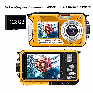 Dual Screens Waterproof Digital Camera, Full HD 2.7K 48MP 10ft 16X Digital Zoom Waterproof Dual Front and Rear Screen Digital Camera for Teenagers Beginners. (Yellow)