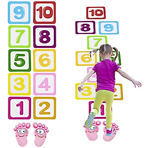 10 PCS Number Lattice Floor Sticker with 1 Pair Kids Footprint Stickers, Funny Number Hopscotch Game Floor Stickers Wall Decals for Classroom Bedroom Living Room Ground Corridor Nursery