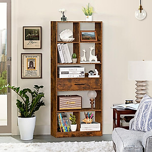 LELELINKY 6 Tier Open Bookshelf Mid Century Modern Bookcase, Wood Book Shelf with 8 Cubes and a Drawer, Floor Freestanding Bookshelves Cube Storage Organizer for Bedroom, Living Room, Office (Brown)