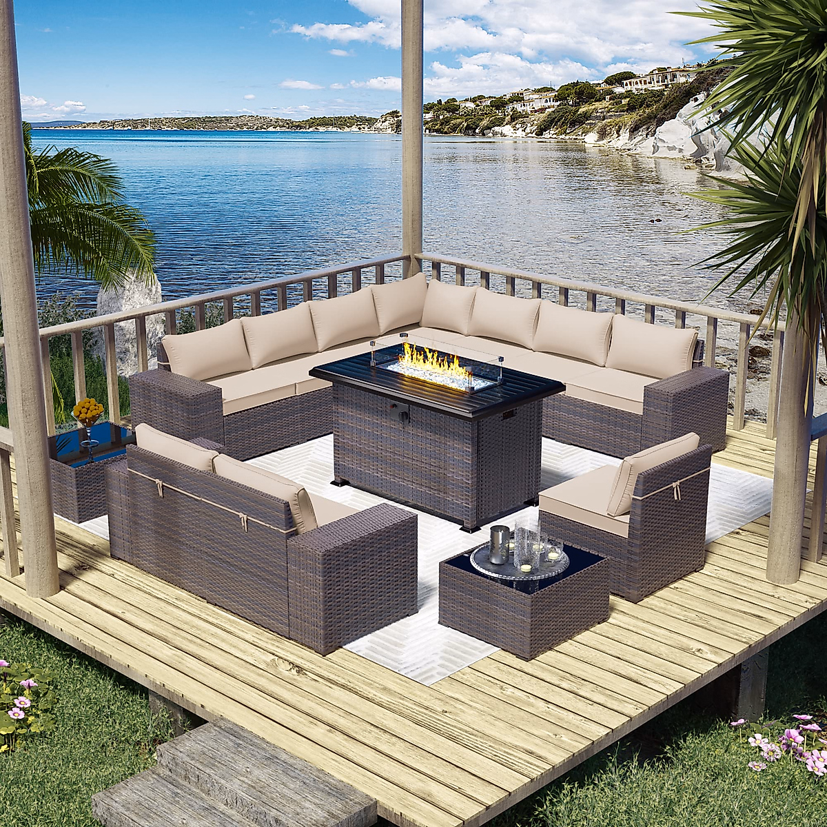ASJMR Outdoor Patio Furniture Set with Gas Fire Pit Table, 13 Pieces Outdoor Furniture Set Patio Sectional Sofa w/43in Propane Fire Pit, PE Wicker Rattan Patio Conversation Sets (Sand)