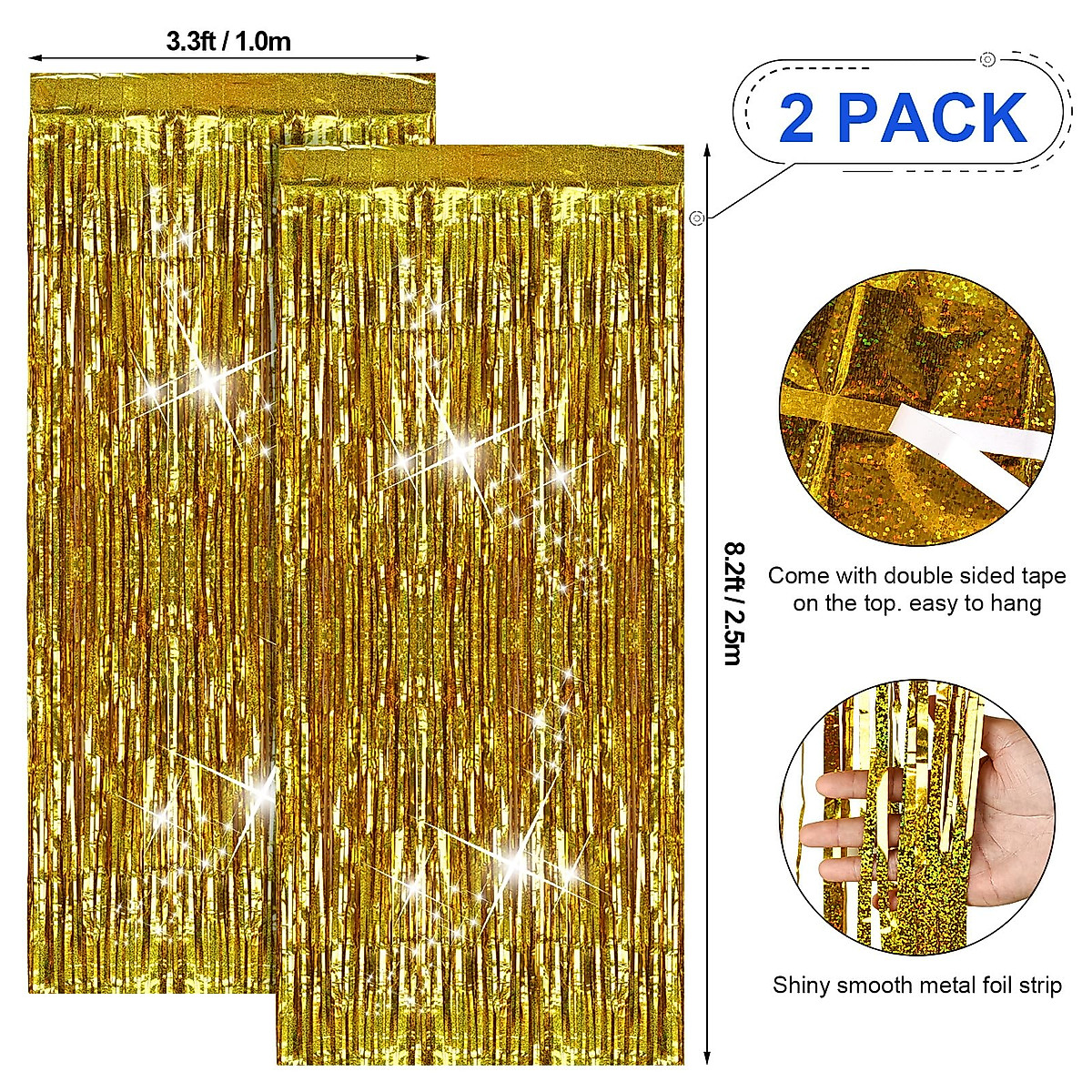 Dorbetar Party Decorations(2 Pack 3.3x8.2 Feet), Irthday Decorations Backdrop, Foil Fringe Curtains Streamers Party Decorations, Tinsel Curtain Fringe Backdrop (Gold)