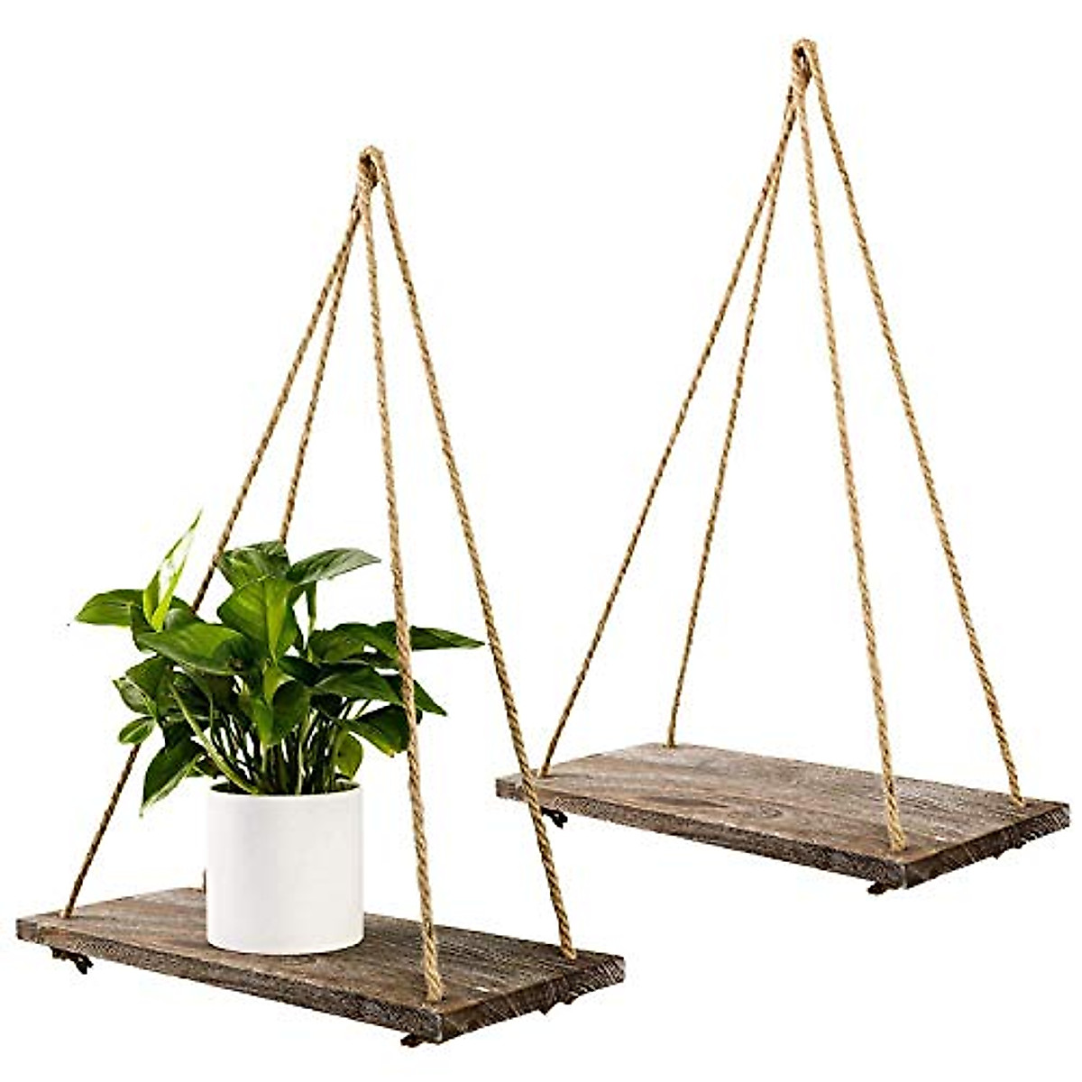 TIMEYARD Decorative Wall Hanging Shelf - Distressed Wood Jute Rope Floating Shelves - Rustic Home Wall Decor - Set of 2