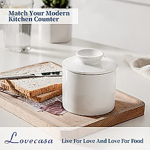 French Butter Crock, LOVECASA Ceramic Butter Dish with Lid for Countertop, Farmhouse Butter Keeper Container with Water Line,Perfect Butter Storage to Keep Fresh and Spreadable（White）