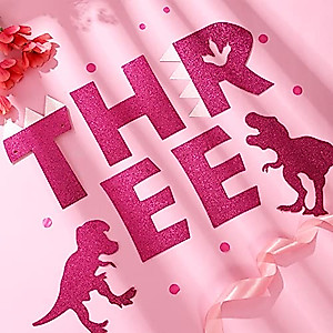 Three Rex Banner Rose Red and Dinosaur ROAR Garland Glitter for Girls 3rd Birthday Dinosaur Party Supplies, Pink Dinosaur Party Decorations