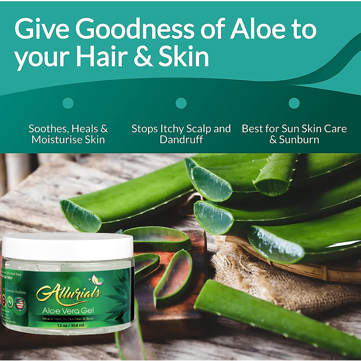 Allurials 100% Pure & Organic Aloe Vera Gel, Clinically tested & Dermatologist approved, Hydrates & Heals Dry & Damaged Skin & Hair- 12 Oz