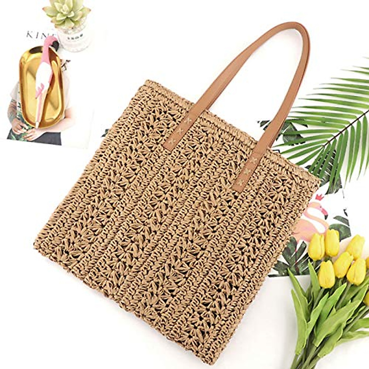 Meyaus Women Large Straw Woven Shoulder Bag Bohemian Beach Travel Top-handle Bag Tote