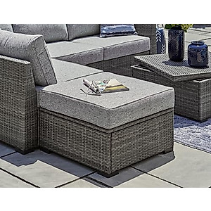 Signature Design by Ashley Petal Road Casual Weather Resistant Cushioned Outdoor Loveseat Sectional/Ottoman/Table Set with 2 Throw Pillows, Set of 4, Gray